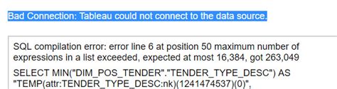 Bad Connection Tableau Could Not Connect To The Data Source