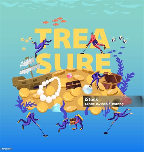 다이버 검색 및 샌디 오션 바닥 개념에 보물을 발견 수중 우주 포스터 배너 전단지 브로셔를 탐험 금속 탐지기와 다이빙 정장에 사람들 만화 플랫 벡터 일러스트 가라앉은에 대한