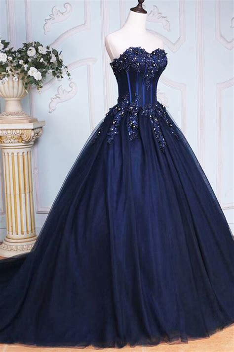 Dark Blue Tulle Lace Princess Dress Beautiful A Line Strapless Long P