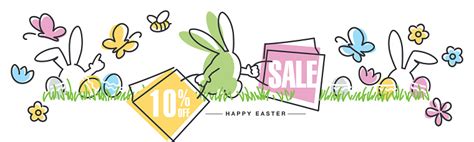 봄 부활절 세일 특별 행사 10 10 할인 부활절 토끼는 할인된 가방을 가지고 다닙니다 배경에 화려한 꽃 나비 꿀벌 토끼 부활절 달걀 및 잔디 10에 대한 스톡 벡터 아트