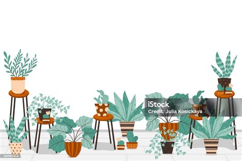 스칸디나비아 스타일의 귀여운 화분 집 꽃과 선인장화로 꾸며진 하우스 인테리어 장식 요소 냄비에 다른 식물과 텍스트 장소와 수평 벡터 배너 0명에 대한 스톡 벡터 아트 및