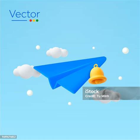 주황색 종소리와 함께 하늘을 날고 있는 3d 종이비행기 구름 배경에 고립되어 있다 콘텐츠 마케팅 알림 구독 뉴스레터를 위한 디자인 개념입니다 3d 벡터 그림입니다 3차원