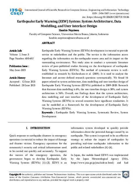 Pdf Earthquake Early Warning Eew System System Architecture Data Modelling And User