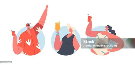 남성과 여성 캐릭터는 수영복을 입고 신선한 칵테일을 마시는 고립 된 아이콘 또는 아바타를 마 십니다 편안한 젊은 사람들 수영장 스포츠 경기장에 대한 스톡 벡터 아트 및 기타