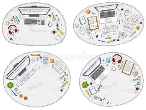 office desks workspaces top view with pc and laptops and diverse stationery objects for work