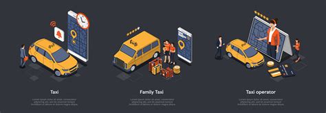 택시 운영자의 개념 사람 남자와 여자 가제트에 모바일 응용 프로그램을 사용 하 여 택시를 예약 5성급 운영자는 운송 중 승객의 편안함을 제공합니다 등등 측정 3d 벡터