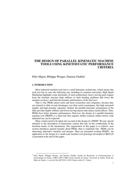 Pdf The Design Of Parallel Kinematic Machine Tools Using Kinetostatic Performance Criteria