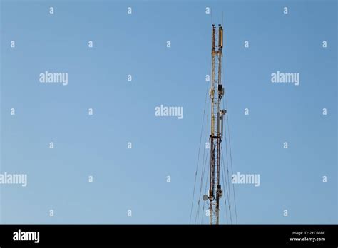 Cellular Tower Telecommunication Cell Tower Against Clear Blue Sky The Structure Is Equipped