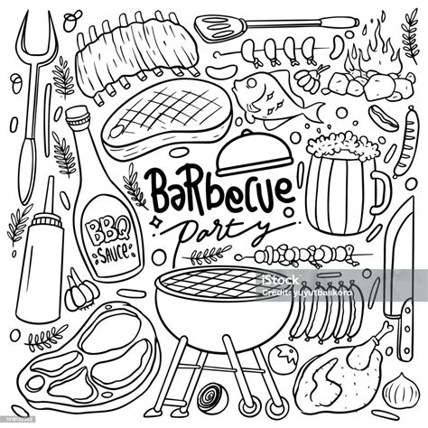 바베큐 데이 낙서 일러스트 레이 션의 손으로 그린 세트 흰색 배경에 고립 된 바베큐 낙서 벡터 일러스트레이션 바베큐그릴에 대한