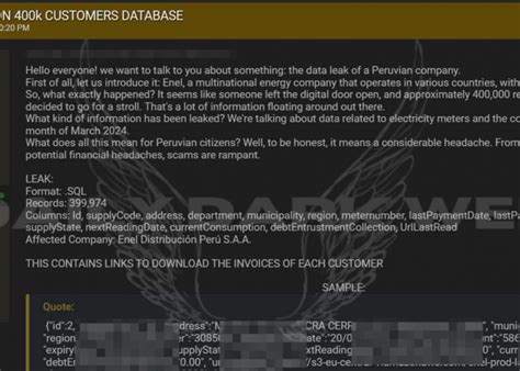 Threat Actor Claims Database Leak Of Enel Distribución Perú Exposing