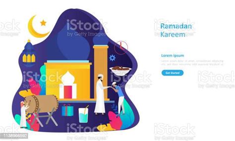 라마단 카림 인사말 디자인 웹 방문 페이지 Ui 모바일 앱 배너 템플릿에 적합 한 금식 사람들의 캐릭터 활동 Eid Ul Fitr에 대한 스톡 벡터 아트 및 기타 이미지