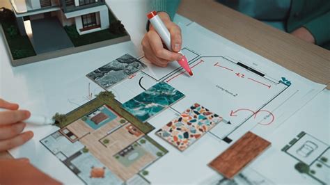 건축 도면과 모델이 있는 테이블 위의 다채로운 샘플과 스케치를 사용한 주택 디자인을 위한 창의적인 계획 세션 Sactr 0명에 대한 스톡 사진 및 기타 이미지 Istock