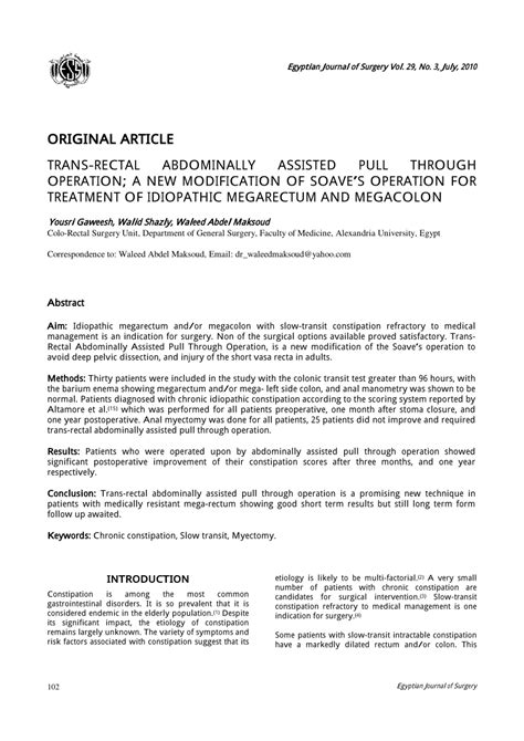 Pdf Trans Rectal Abdominally Assisted Pull Through Operation A New Modification Of Soaves
