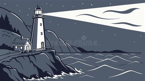 Lighthouse On Rocky Coast Nautical And Seascape Scenery Vector Design