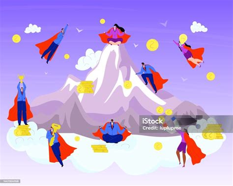 비즈니스 영웅 성공 산 벡터 일러스트에 슈퍼 히어로 빨간 덩어리의 사업가 도전 슈퍼 히어로의 성공 팀 팀워크에 대한 스톡 벡터 아트 및 기타 이미지 Istock