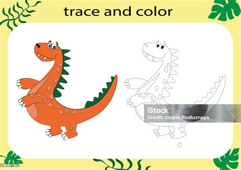 만화 공룡을 추적하고 색칠하세요 아이들을 위한 손글씨 연습 어린이를 위한 교육용 워크시트 인쇄 가능한 워크시트 벡터 일러스트 레이 션입니다 0명에 대한 스톡 벡터 아트 및
