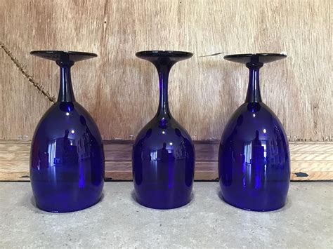 Vintage Libbey Cobalt Blue Wine Glasses Set Of 3 Blue Wine Etsy