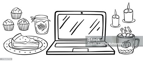 노트북에서 아침 식사 노트북 컵 커피 머핀 잼 파이 조각 등 흰색 배경에 격리된 요소들 윤곽선 스타일 벡터 그림입니다 메뉴