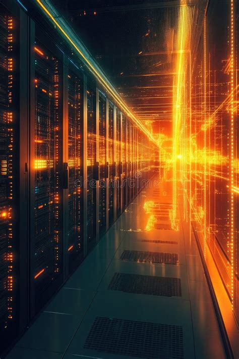 A Row Of Servers In A Data Center Suitable For Use In Technology Or Business Concepts Stock