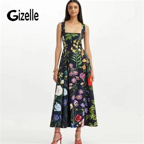 Gizelle 여성용 백리스 블랙 롱 드레스 패션 프린트 멋진 미디 드레스 스파게티 스트랩 스퀘어 칼라 정장 드레스