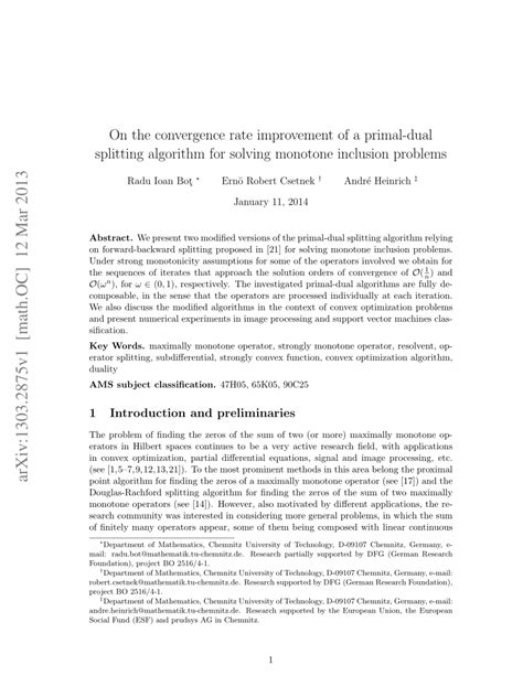 Pdf On The Convergence Rate Improvement Of A Primal Dual Splitting