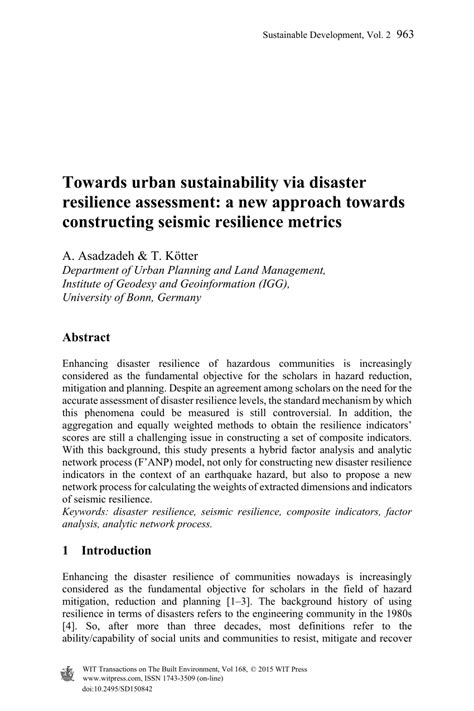 Pdf Towards Urban Sustainability Via Disaster Resilience Assessment