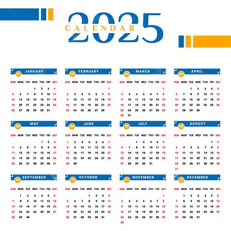 파란색과 노란색 기하학적 모양이 있는 2025년 달력 벡터 달력 2025년 달력 연간 달력 Png 일러스트 및 벡터 에