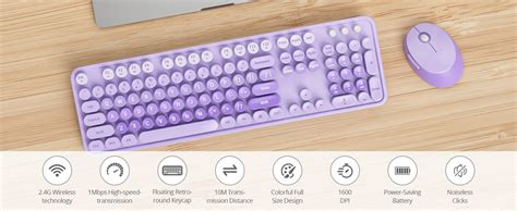 Fogruaden Purple Retro Typewriter Keyboard And Mouse Wireless 2 4ghz Office Full