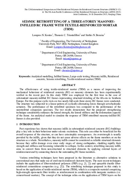 Pdf Seismic Retrofitting Of A Three Storey Masonry Infilled Rc Frame With Textile Reinforced