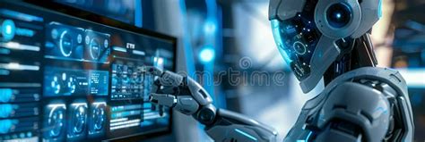 a humanoid robot interacts with a sleek touchscreen interface in a