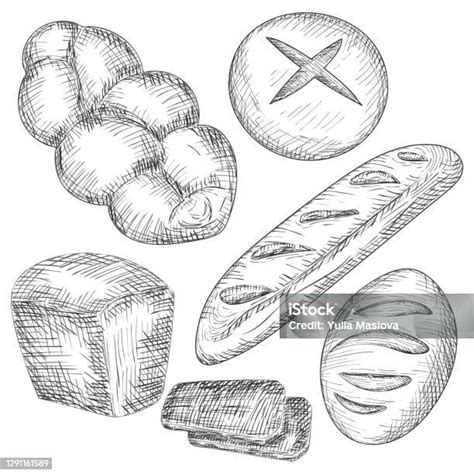 빵 바게트 덩어리 베이커리 제품 베이킹 음식 고립 된 그림 손으로 그린 만두 낙서 세트 연필 분필 드로잉 스케치의 컬렉션 낙서 드로잉에 대한 스톡 벡터 아트 및 기타 이미지