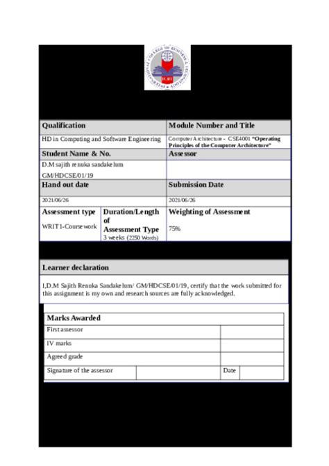 Computer Architecture Cse4001 “operating Principles Of The Computer Architecture”ca Assigment 1