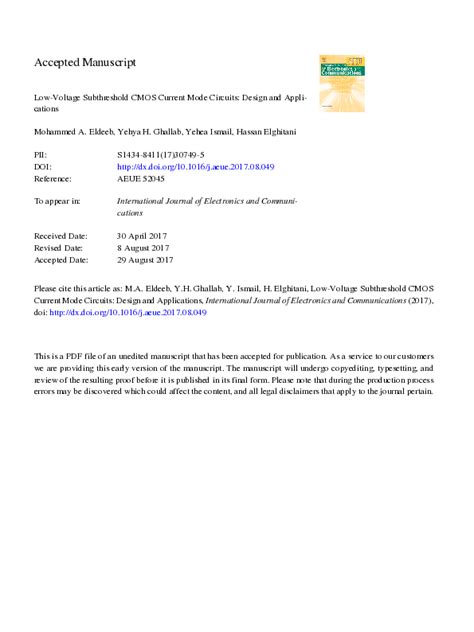 Pdf Low Voltage Subthreshold Cmos Current Mode Circuits Design And