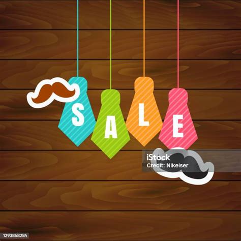 아버지의 날 판매 제안 컬러 넥타이와 콧수염 남자 프로모션 배너 광고 전단지 초대 포스터 브로셔 할인에 대한 어두운 나무 배경