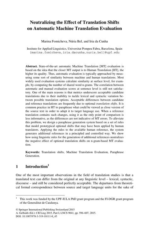 Pdf Neutralizing The Effect Of Translation Shifts On Automatic Machine Translation Evaluation