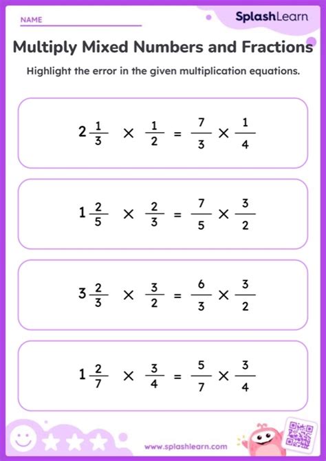 highlight error in fraction and mixed number multiplication worksheet