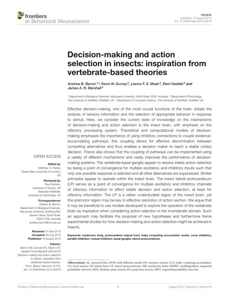 Pdf Decision Making And Action Selection In Insects Inspiration From