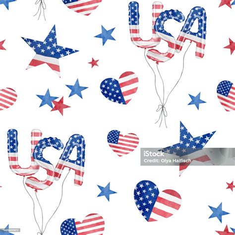 수채화 미국 애국적인 이음새가 없는 무늬 풍선 별 하트의 무리를 미국 국기의 파란색과 빨간색으로 손으로 그렸습니다 7 월 배경의 행복한 4 일 반복되는 독립 기념일 디자인