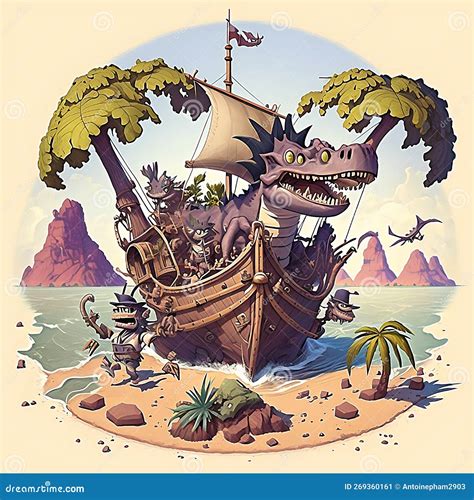 Small Group Of Dinosaurs On A Pirate Ship Near An Island Shipwrecked