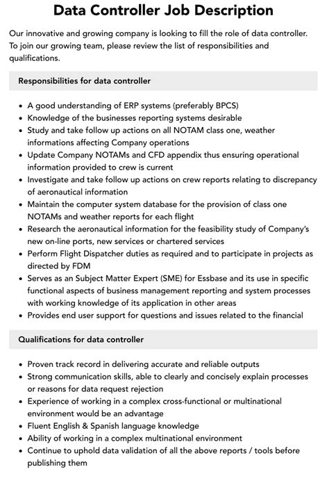 Data Controller Job Description Velvet Jobs