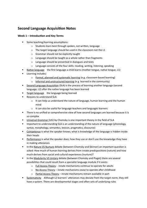 Second Language Acquisition Notes 3002lhs Second Language Acquisition Griffith Thinkswap