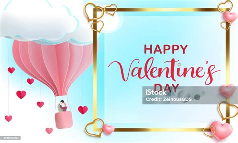 발렌타인 데이 벡터 템플릿 디자인 프레임과 커플 캐릭터 로맨틱 플로잉 심장 열기구 모양 종이 컷 요소와 해피 발렌타인 데이 텍스트 2월에 대한 스톡 벡터 아트 및 기타
