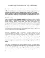 Lesson Sampling In Quantitative Research Simple Random Sampling Docx Lesson