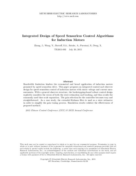Pdf Integrated Design Of Speed Sensorless Control Algorithms For Induction Motors