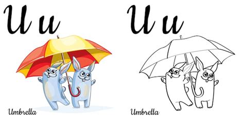 개요 클립 아트가 있는 어린이 알파벳 색칠하기 책 페이지 편지 U 우산 유니콘 Ufo 성게 프리미엄 벡터