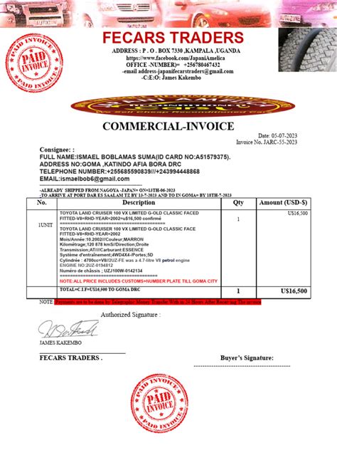 Commercial Invoice T Landcruiser U 16 500 To Goma City Drc Congo