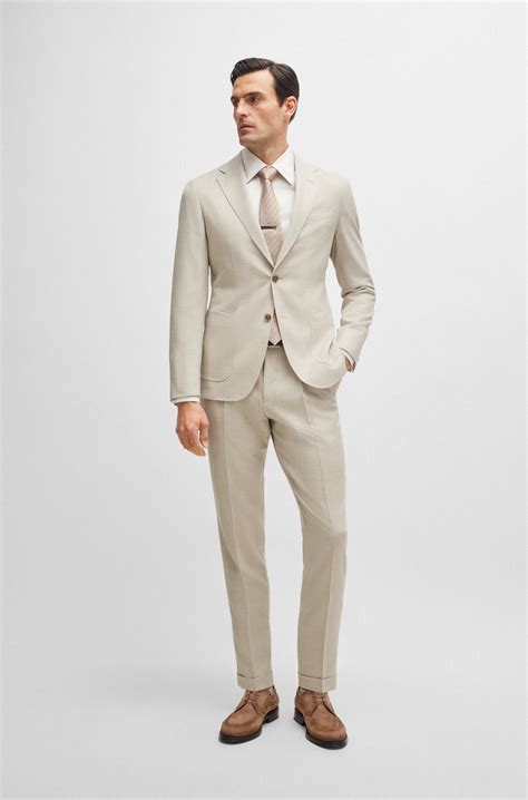 Boss Slim Fit Suit In Micro Patterned Wool White