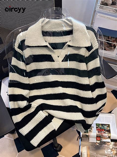 Circyy 스웨터 블랙 스트라이프 풀오버 니트 탑스 한국 세련된 루즈핏 점퍼 긴팔 따뜻한 점퍼 여성용 가을 겨울 2022 Aliexpress