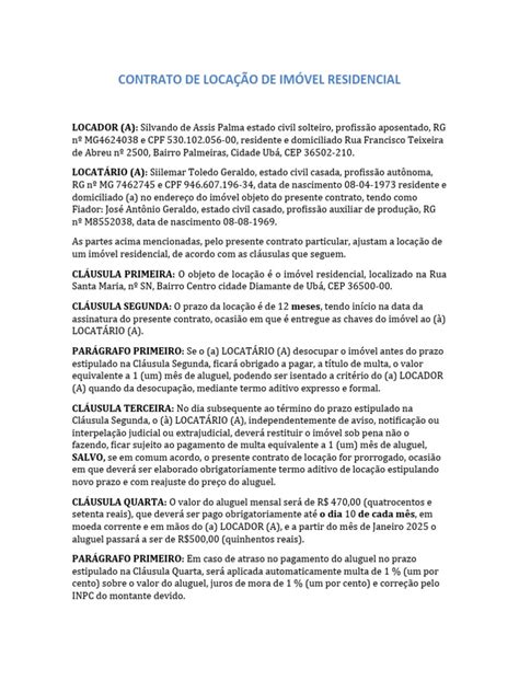 Modelo De Contrato De Aluguel Simples Word Para Preencher Atualizado