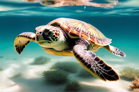Underwater Sea Turtle Swimming Near Seabed In The Ocean Stock